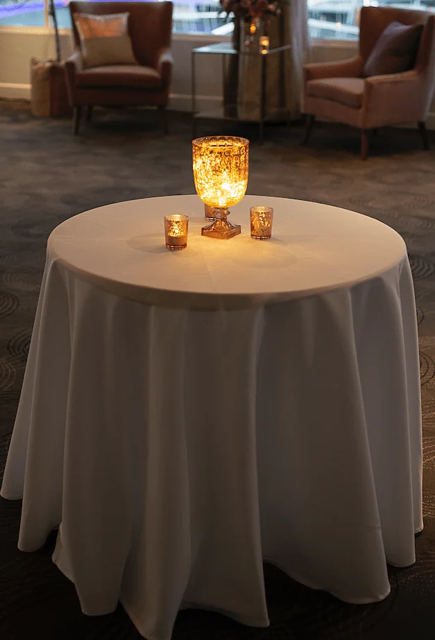 White Clothed Round Cafe, Cake Or Signing Table - Adorn Event Hire ...