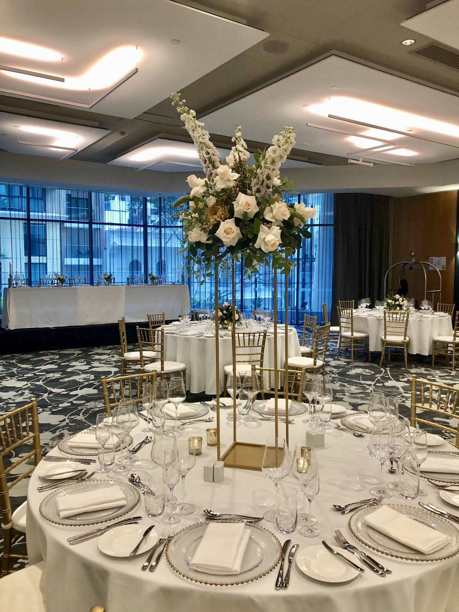 Gold Flower Table Stands 90cmH - Adorn Event Hire - Wedding And Event Hire